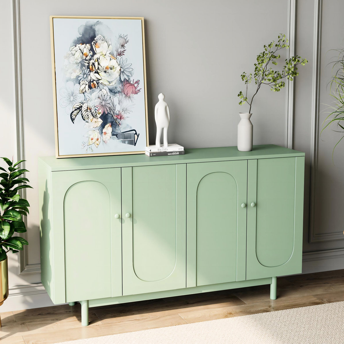 Latitude Run® Contemporary 4-door Intaglio Cabinet In Mint , With , Pine Legs, Solid Wood Pulls ...